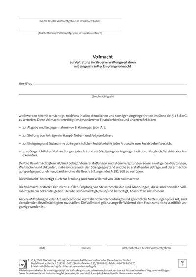 Vollmacht zur Vertretung in Steuersachen (in Englisch)