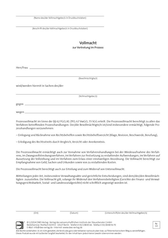 Vollmacht zur Vertretung im Prozess (FormularPilot) | DWS